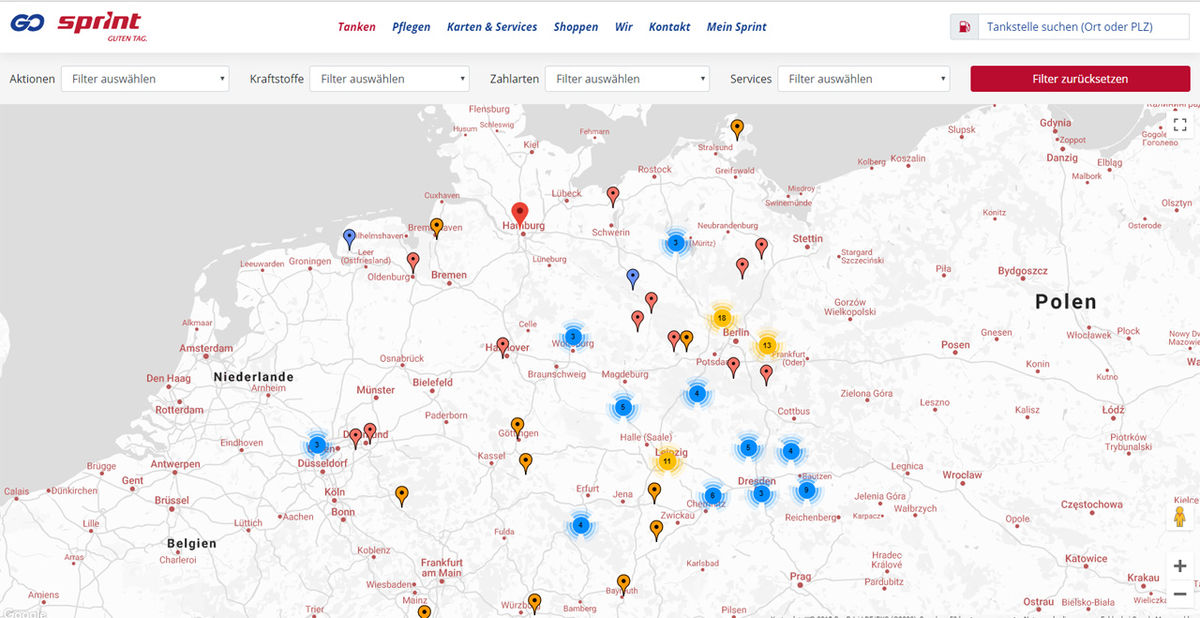 Sprint & GO Tankstellen-Finder, Routenplaner, Services.